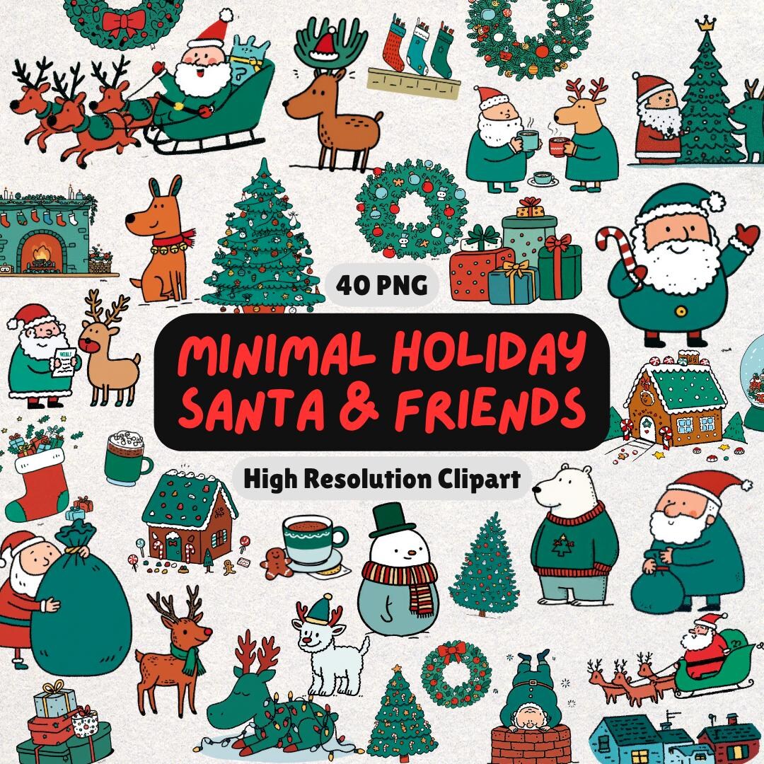 Santa and Friends Clipart Bundle - 40 Hand Drawn Holiday Printable ...