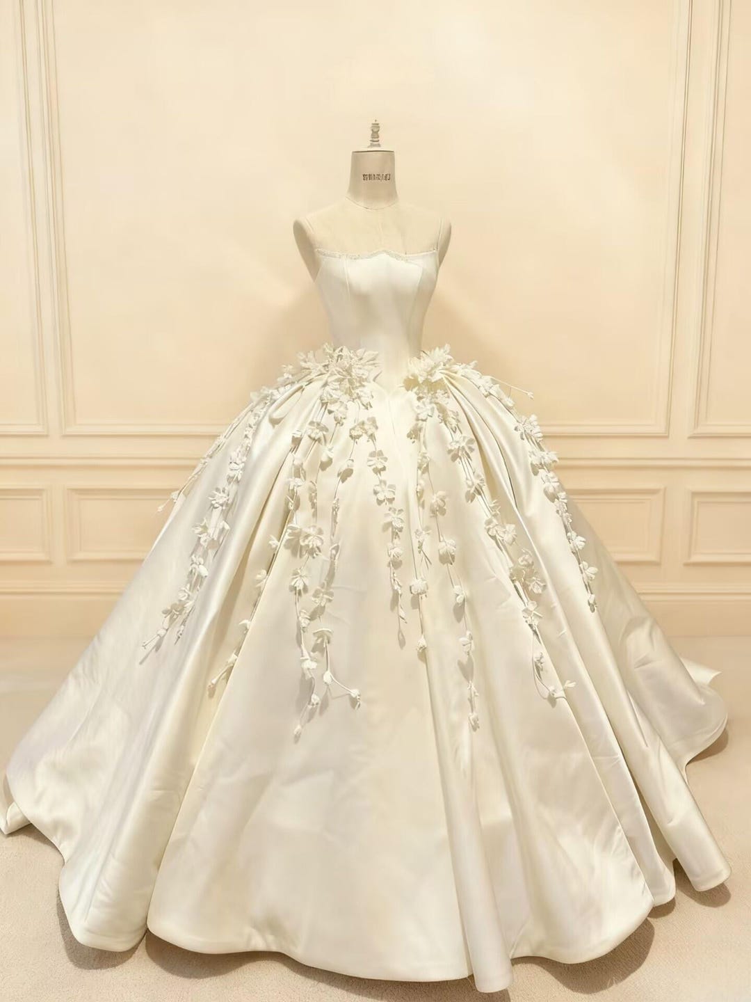 Ivory Satin Ball Gown With Floral Embellishments - Etsy
