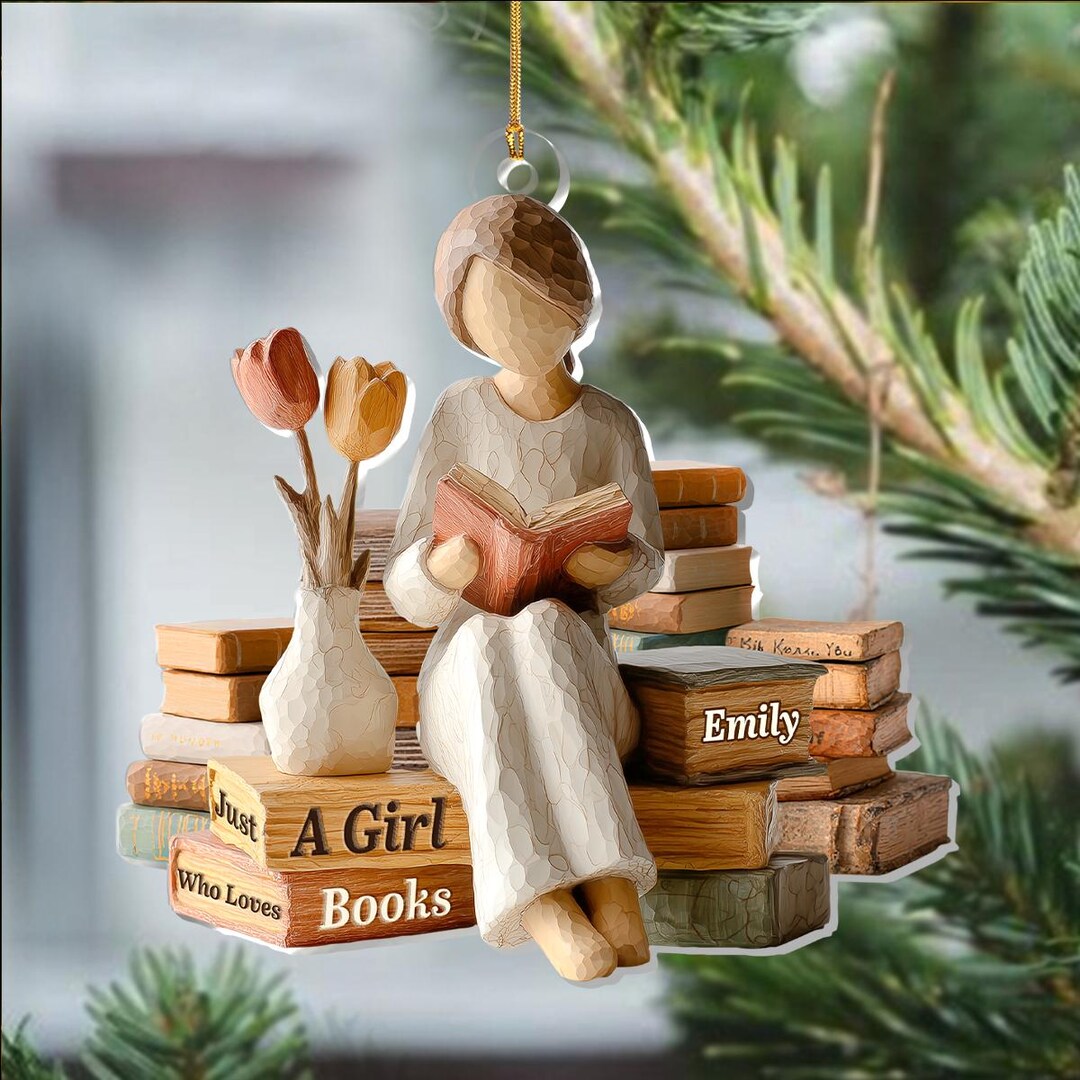 Personalized Bookworm 2D Ornament: Acrylic Girl Reading Christmas ...