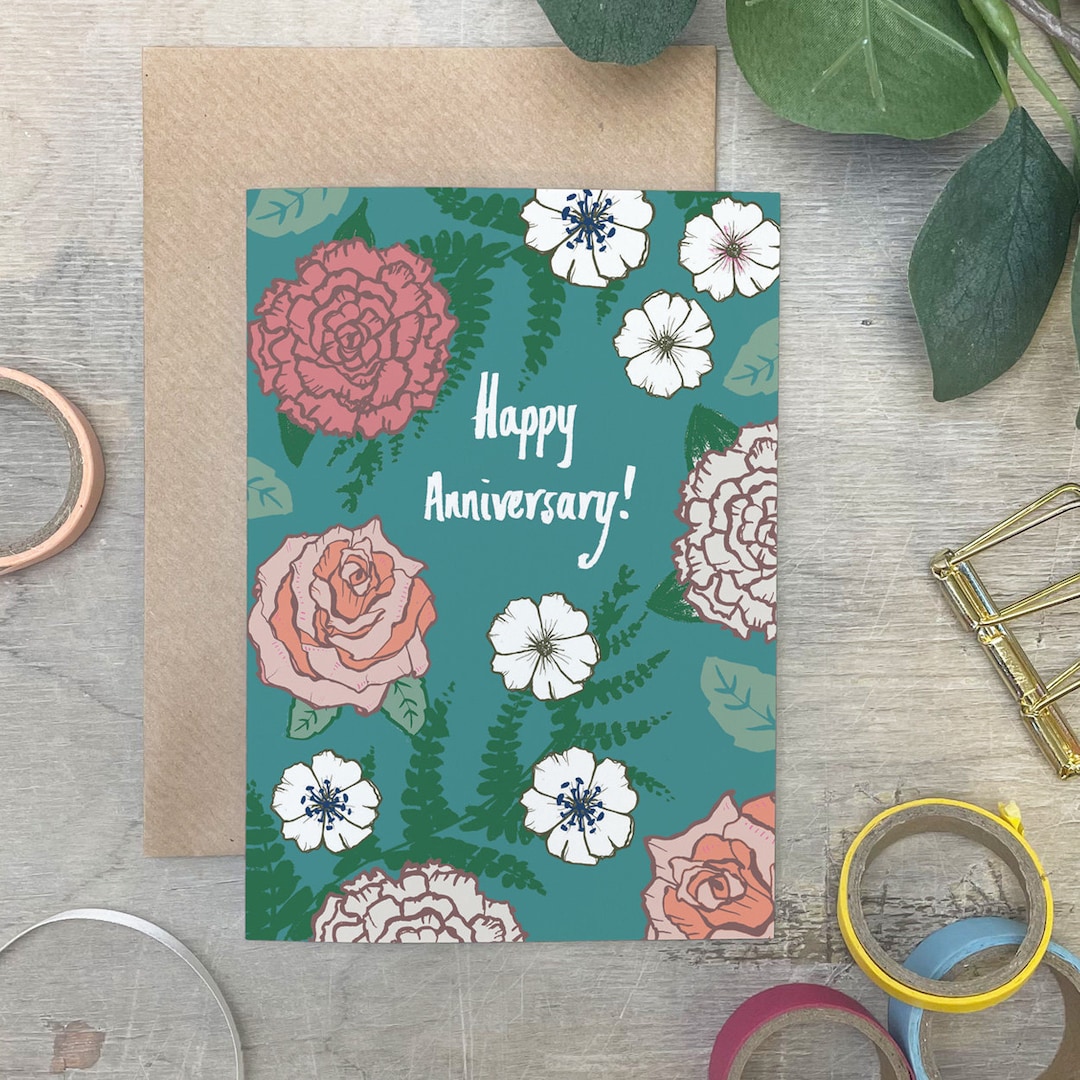 Floral Wedding Anniversary Card - Rose Anniversary Card - Botanical ...