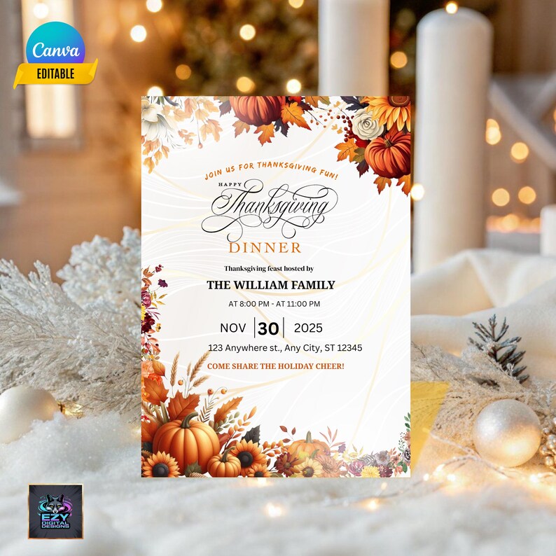 Editable Thanksgiving Dinner Invitation Printable or Digital Invitation ...