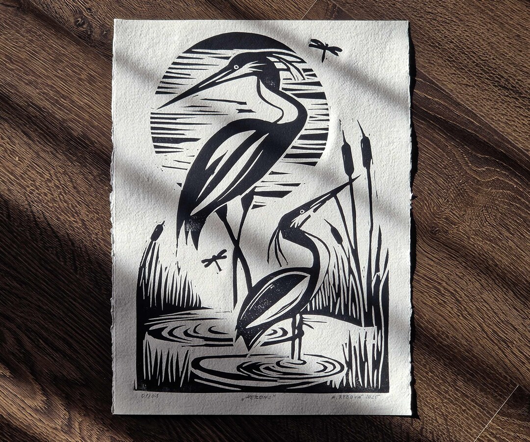 Handmade Linocut Linogravure Herons | Kunst A3 Print | Minimalist ...