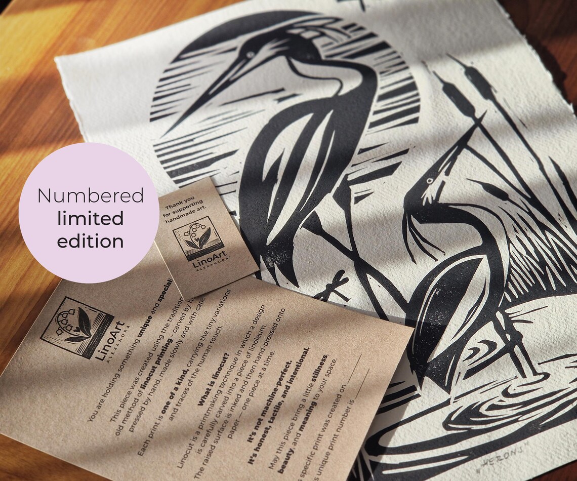 Handmade Linocut Linogravure Herons | Kunst A3 Print | Minimalist ...
