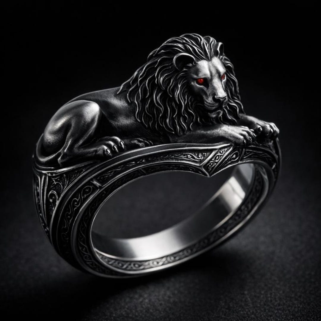 Black Rhodium Sterling Silver Lion Ring, Gothic Armor Band, Red Garnet ...