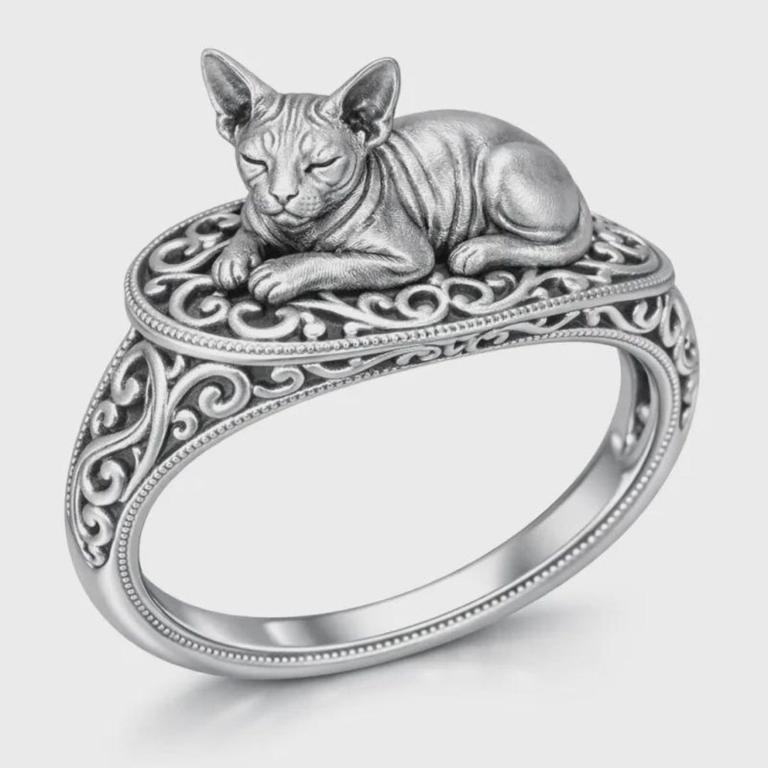 Sterling Silver Sphynx Cat Ring, Filigree Band, Hairless Cat Jewelry - Etsy