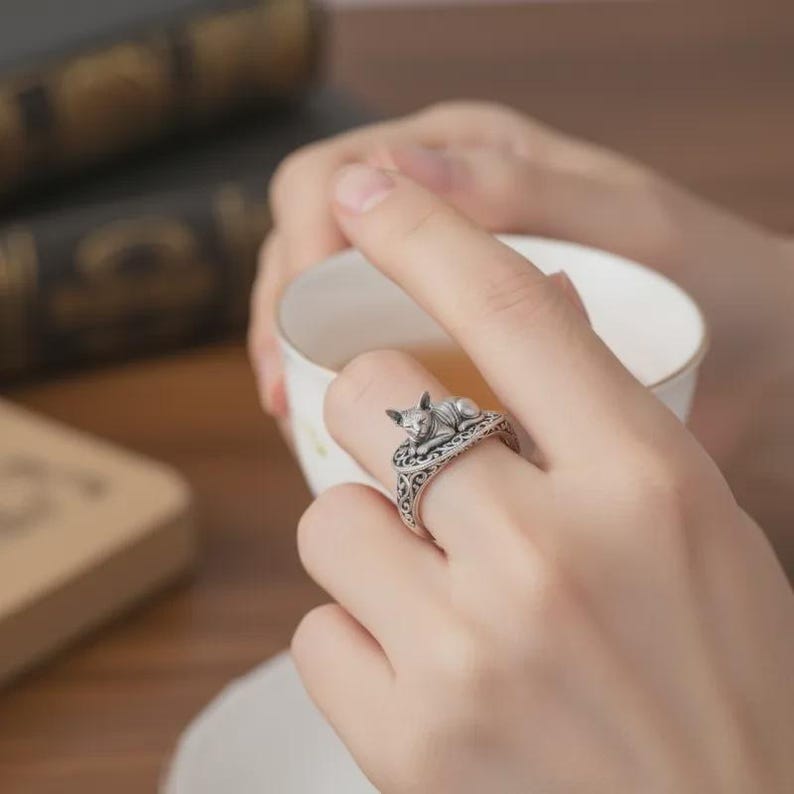 Sterling Silver Sphynx Cat Ring, Filigree Band, Hairless Cat Jewelry - Etsy