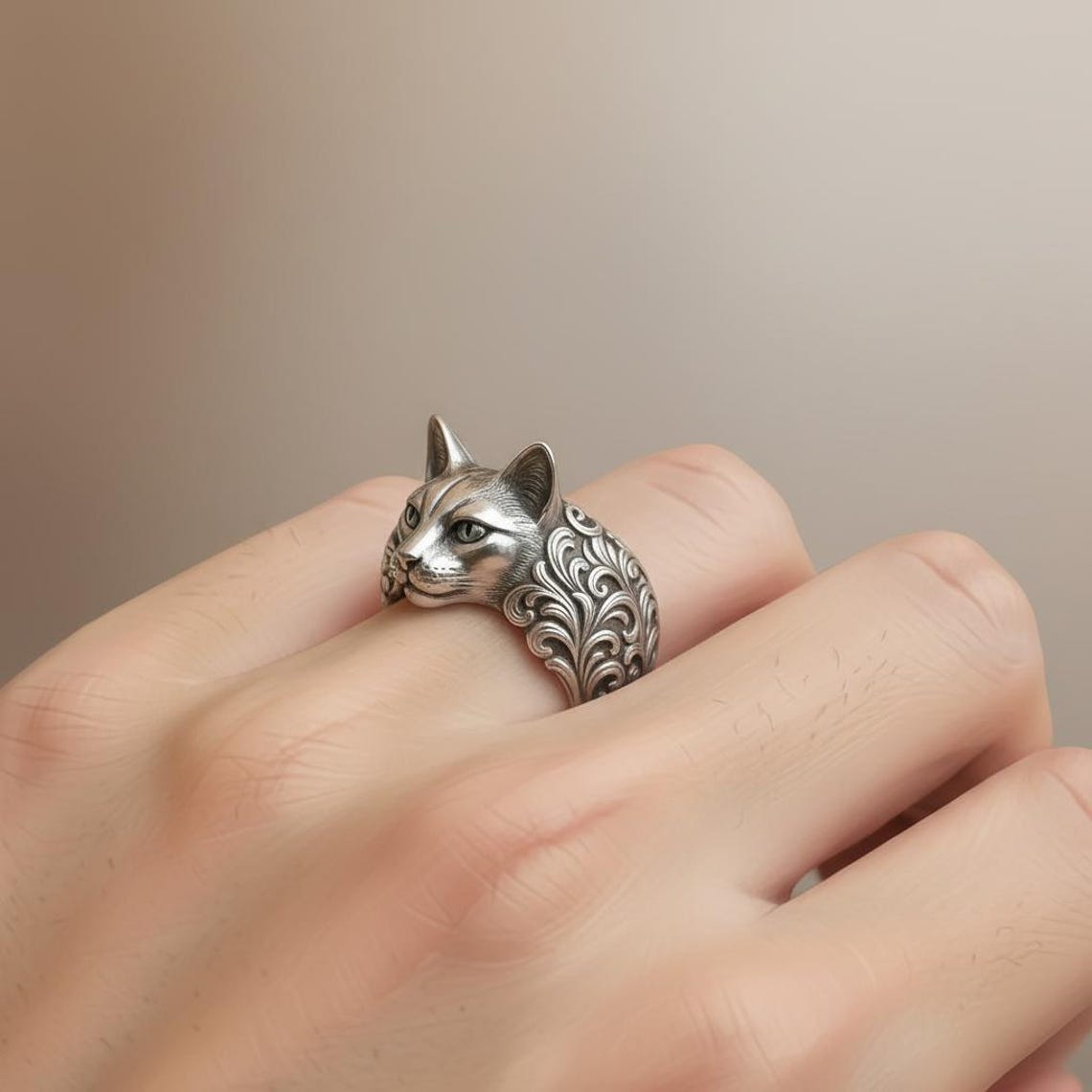 Sterling Silver Cat Ring - Intricate Feline Design With Baroque Swirls ...