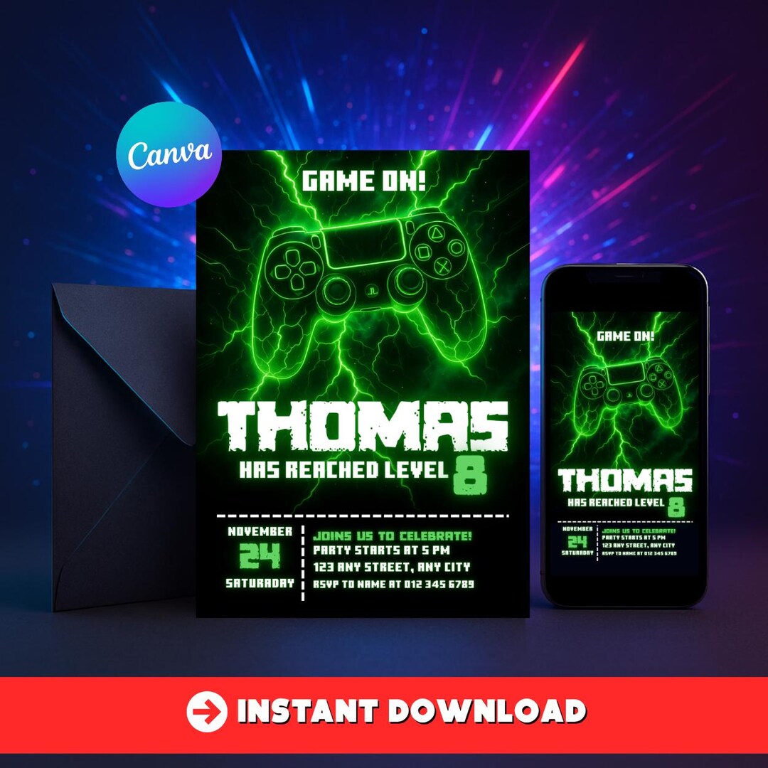 Video Game Birthday Invitation | Editable Gamer Canva Template ...