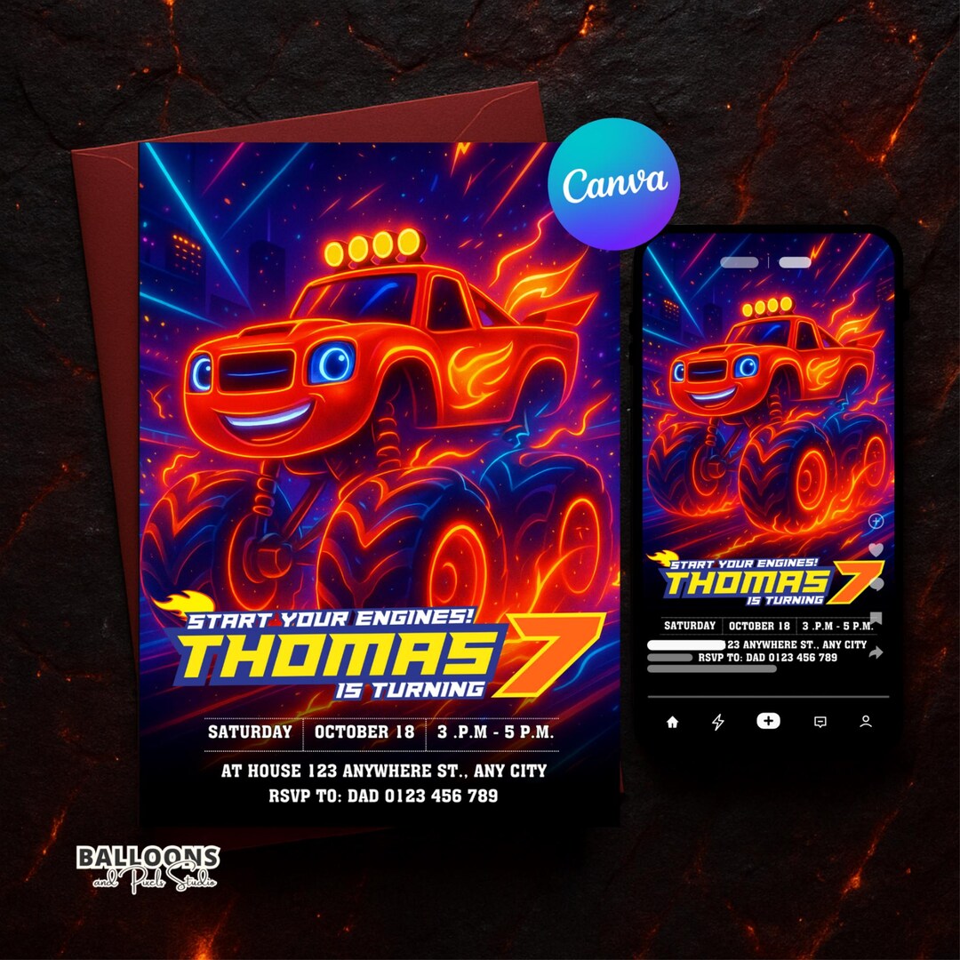 Blaze Birthday Invitation | Editable Canva Template Evite | Printable ...