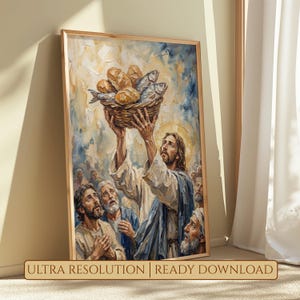 Loaves Fishes Jesus Miracle Wall Art: Christianity Watercolor Religious ...
