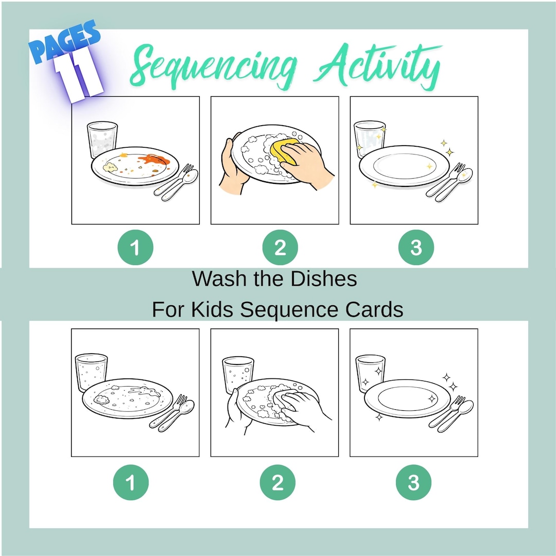 Sequencing 3-step Picture Cards, Wash the Dishes, Cut and Paste PDF - Etsy