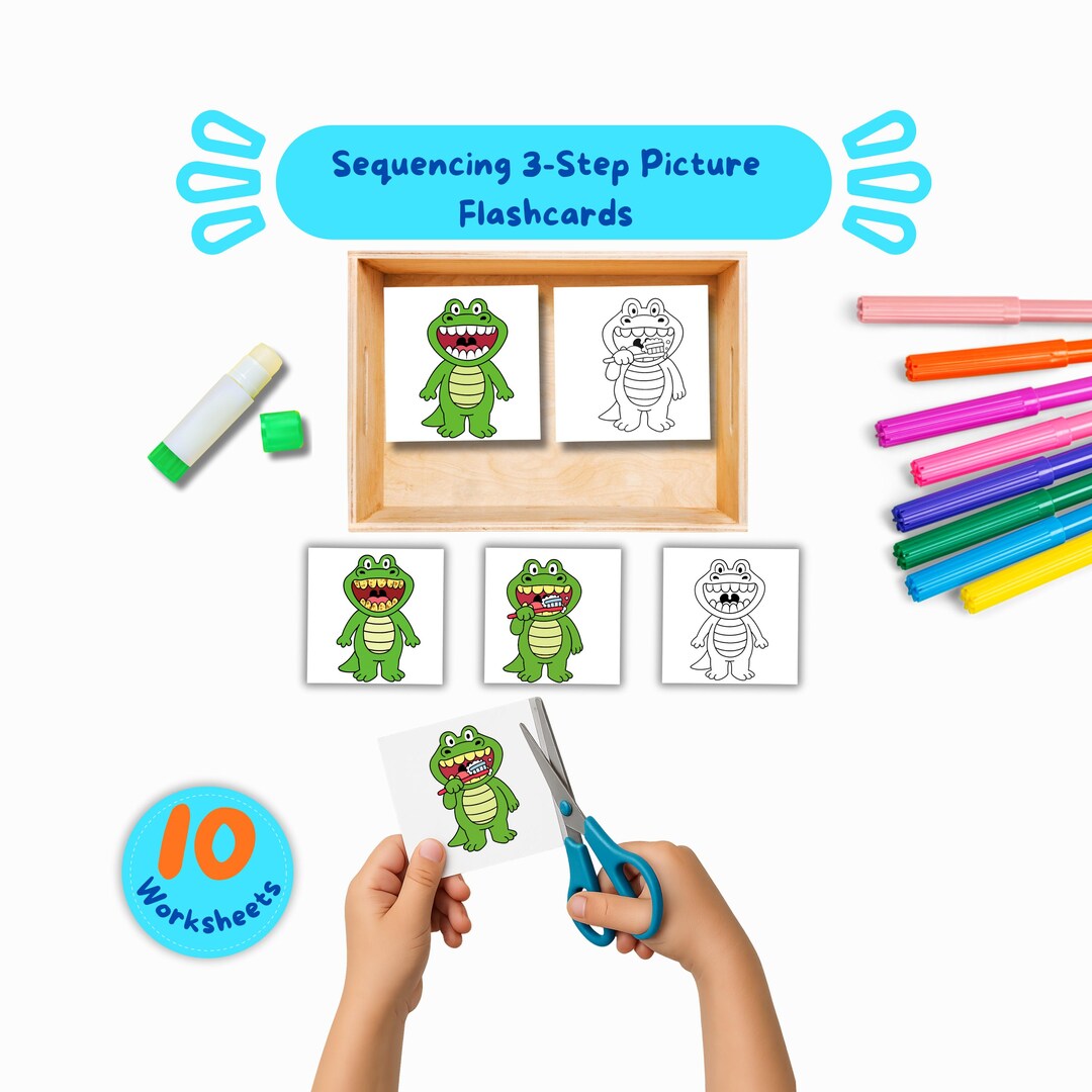 Crocodile Brushing Teeth Sequencing Cards for Kids, Printable Dental ...