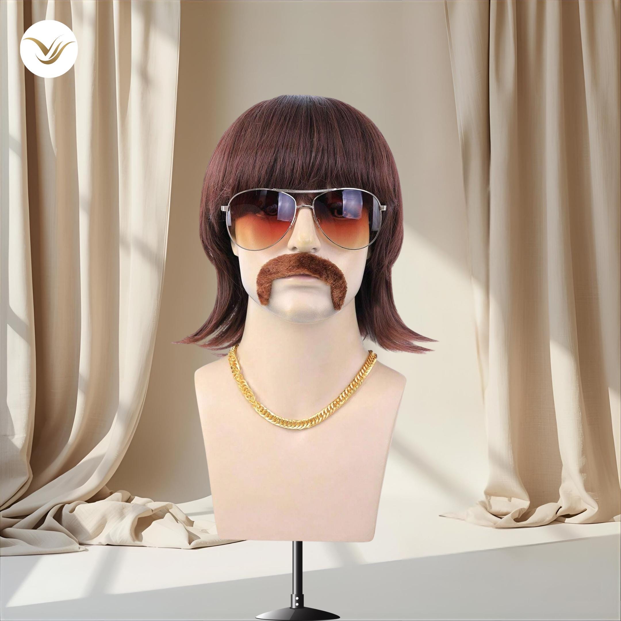 70s 80s Disco Mullet Wig Set: Brown Bob, Mustache, Glasses & Chain - Etsy