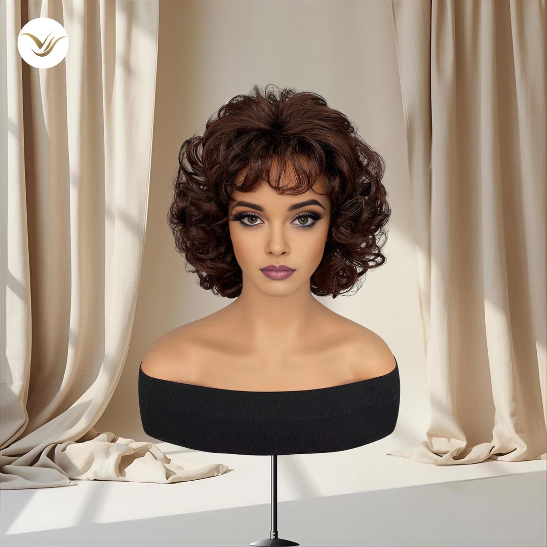 Short Curly Coffee Brown Wig – Heat-resistant Synthetic Hair With Bangs ...