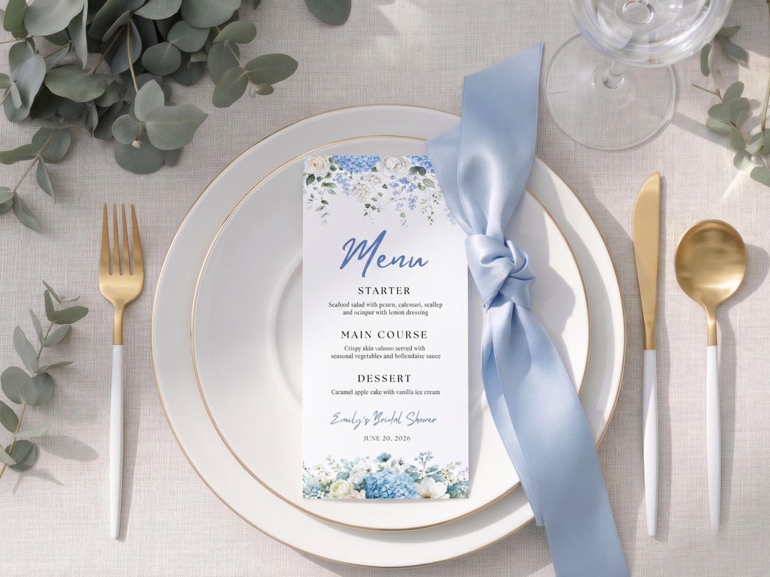 Blue Hydrangea Bridal Shower Menu Card Template | Editable Canva ...