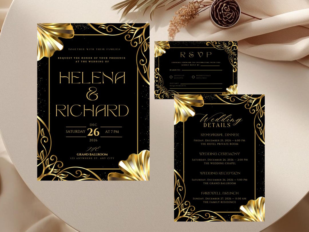 Elegant Imperial Noir Gold Wedding Invitation Template - Etsy