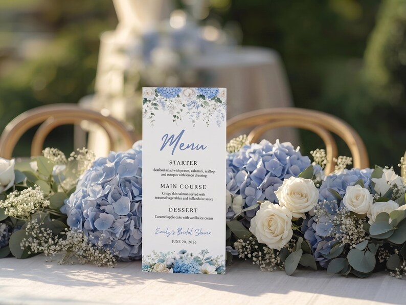 Blue Hydrangea Bridal Shower Menu Card Template | Editable Canva ...