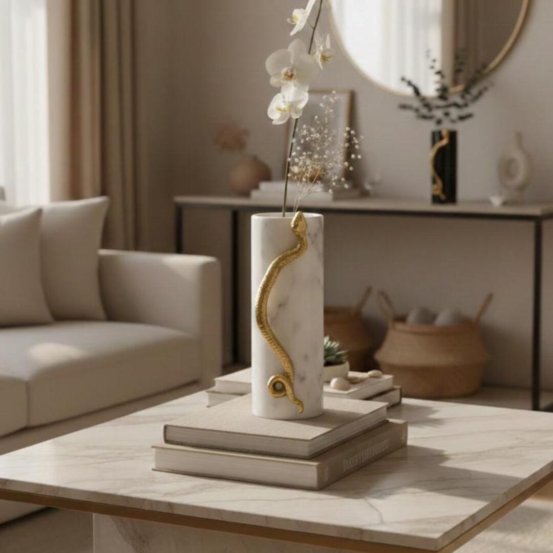 Serpent Vase in White Marble & Aged Brass – Large - Etsy