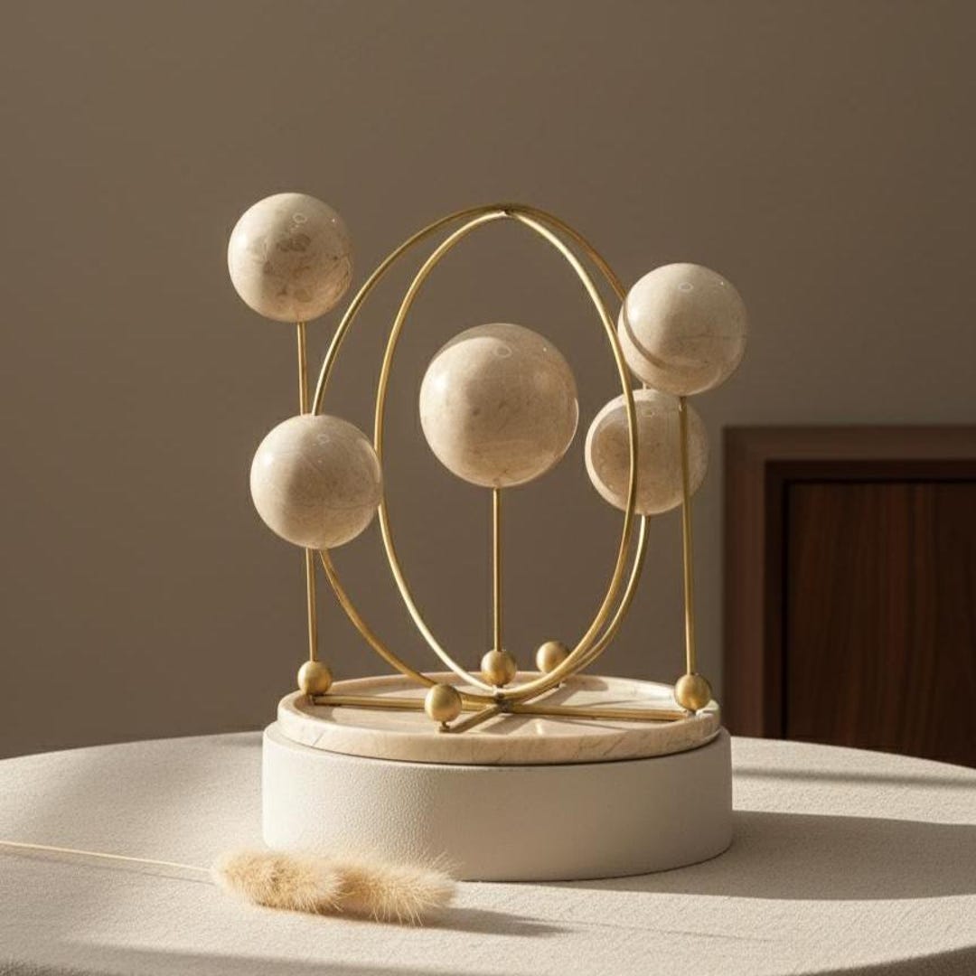 Beige Marble Planet Sculpture – Brass Orbital Display With Stone Base ...