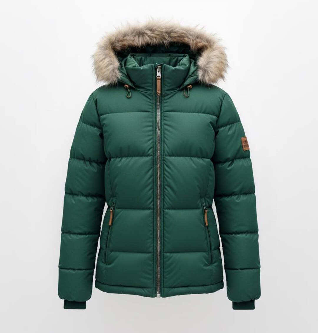 Forest Green Puffer Jacket With Fur Hood, Warm Winter Outdoor Coat ...