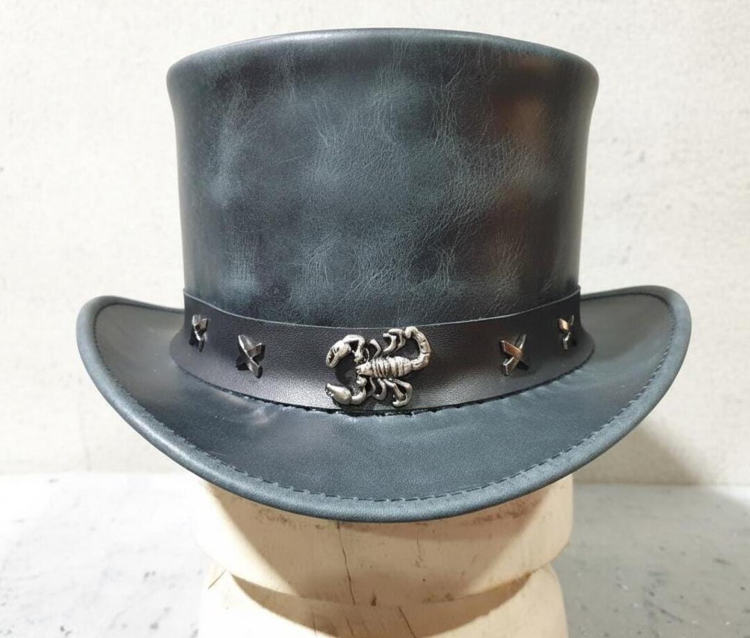 Black Leather Steampunk Top Hat: Scorpion Emblem, Gothic Biker Style - Etsy