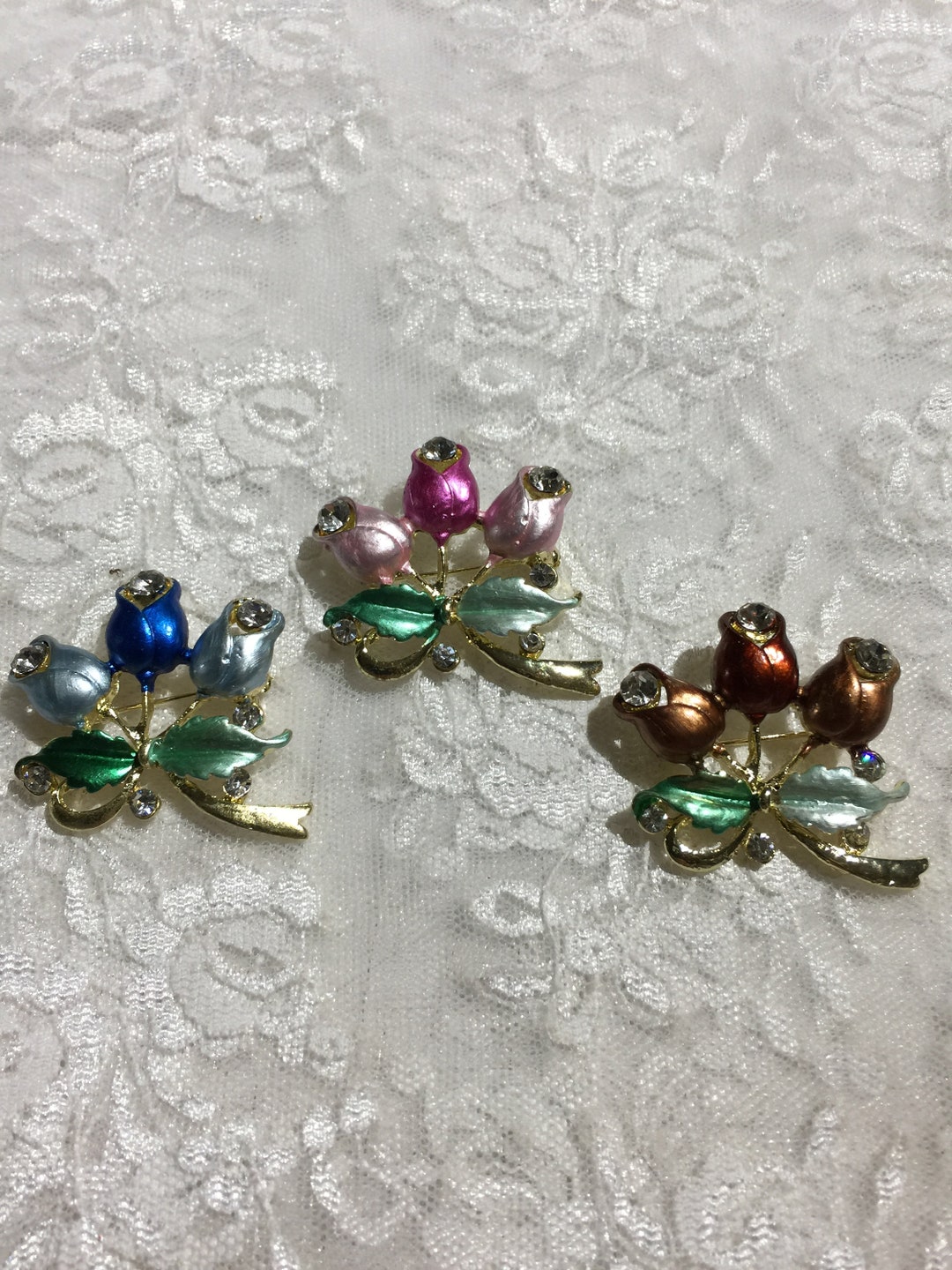 Beautiful Three Stem Roses Brooch With Rhinestones, Jewelry ...