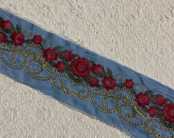 NEW!!! Frayed Denim Embroidered Wine Red Fabric Strip With Metallic ...