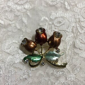 Beautiful Three Stem Roses Brooch With Rhinestones, Jewelry ...