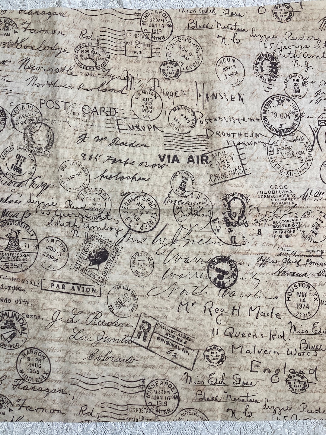 NEW!!! Vintage Postal Theme Collage Fabric ( 12" X 13") Sewing, Cut ...