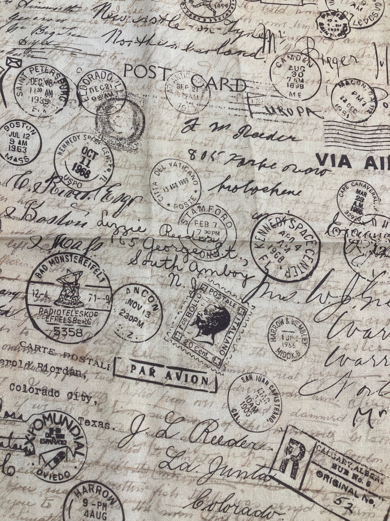 NEW!!! Vintage Postal Theme Collage Fabric ( 12" X 13") Sewing, Cut ...