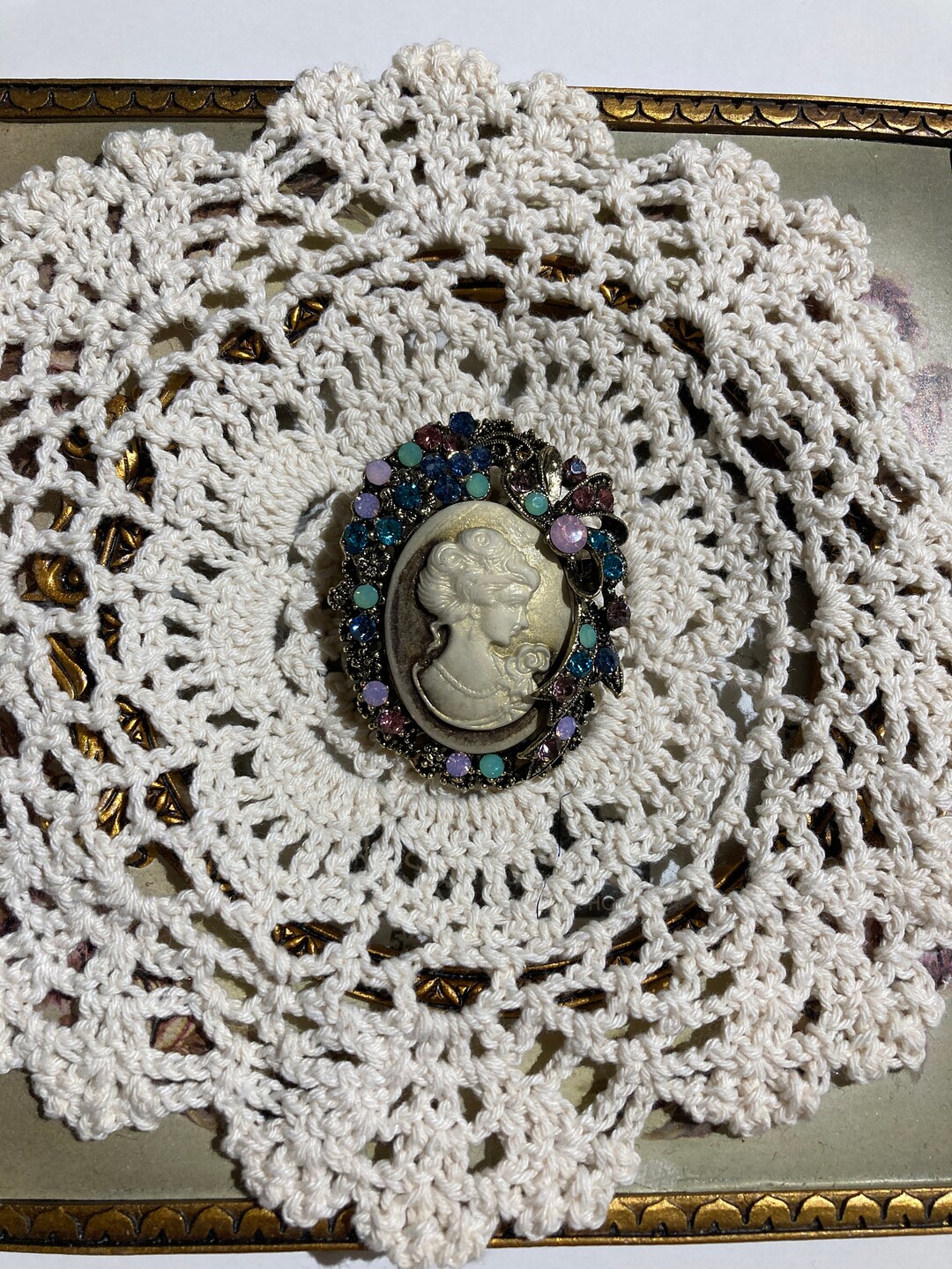 Beautiful Vintage Style Gold Resin Cameo Brooch With Gemstones, Gift ...