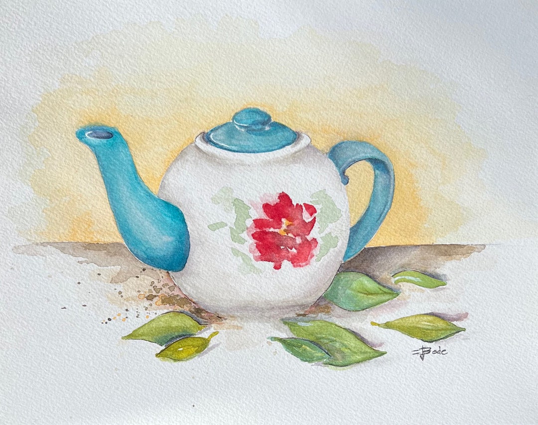 Tea Pot Watercolor Painting Original Watercolor and Ink 8x10 - Etsy
