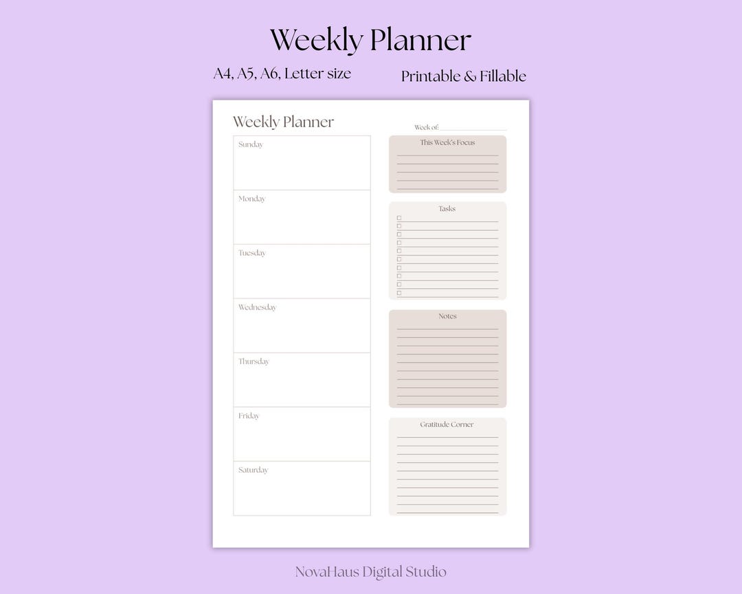 Minimalist Weekly Planner: Printable Productivity Schedule (digital ...