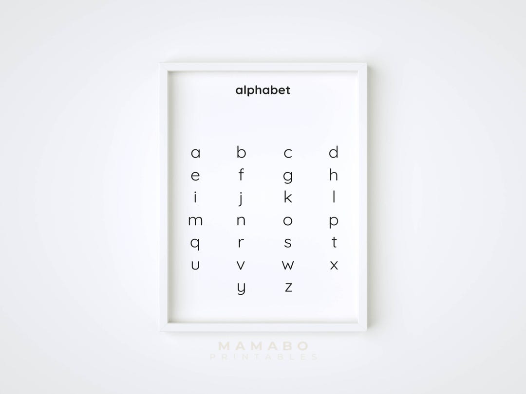 Montessori Lowercase Alphabet Poster, Black and White ABC Chart ...