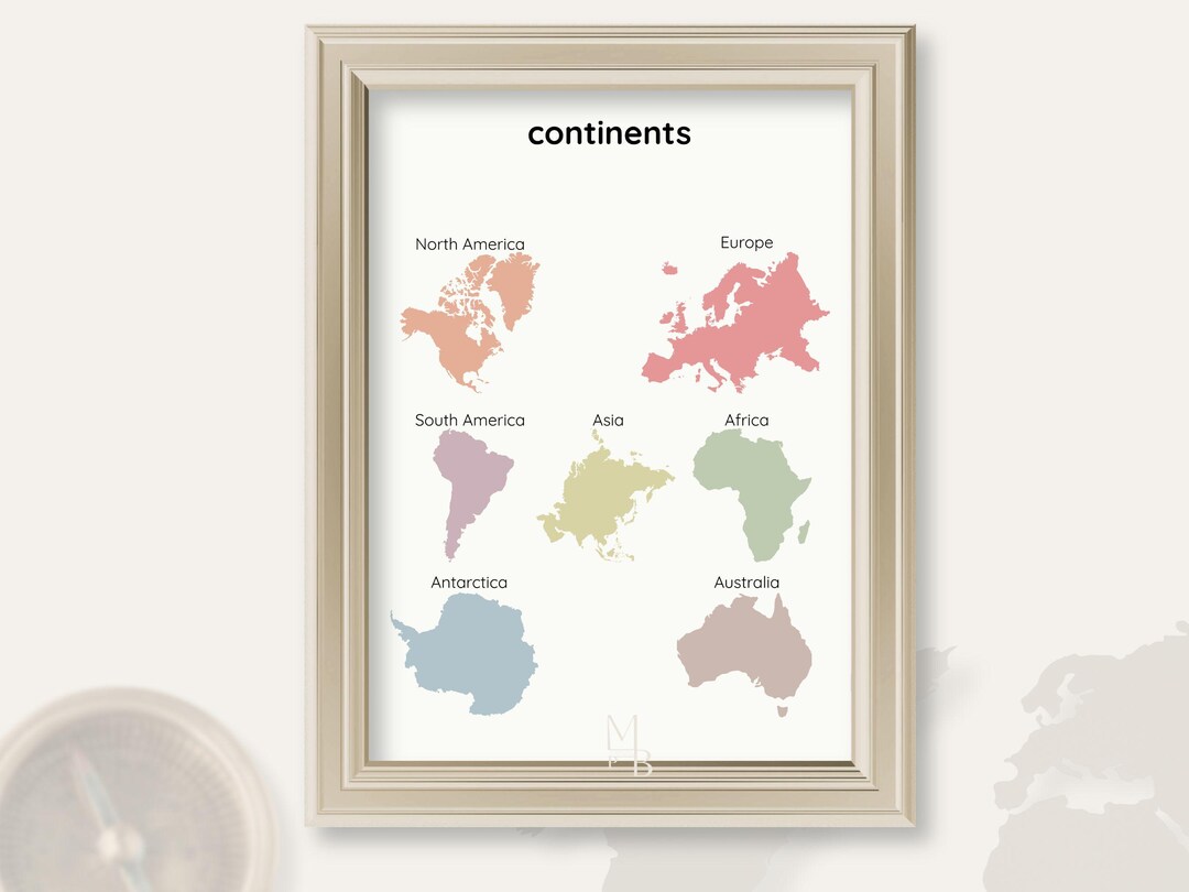 Montessori Continents Poster, World Map for Kids, Geography Wall Art ...