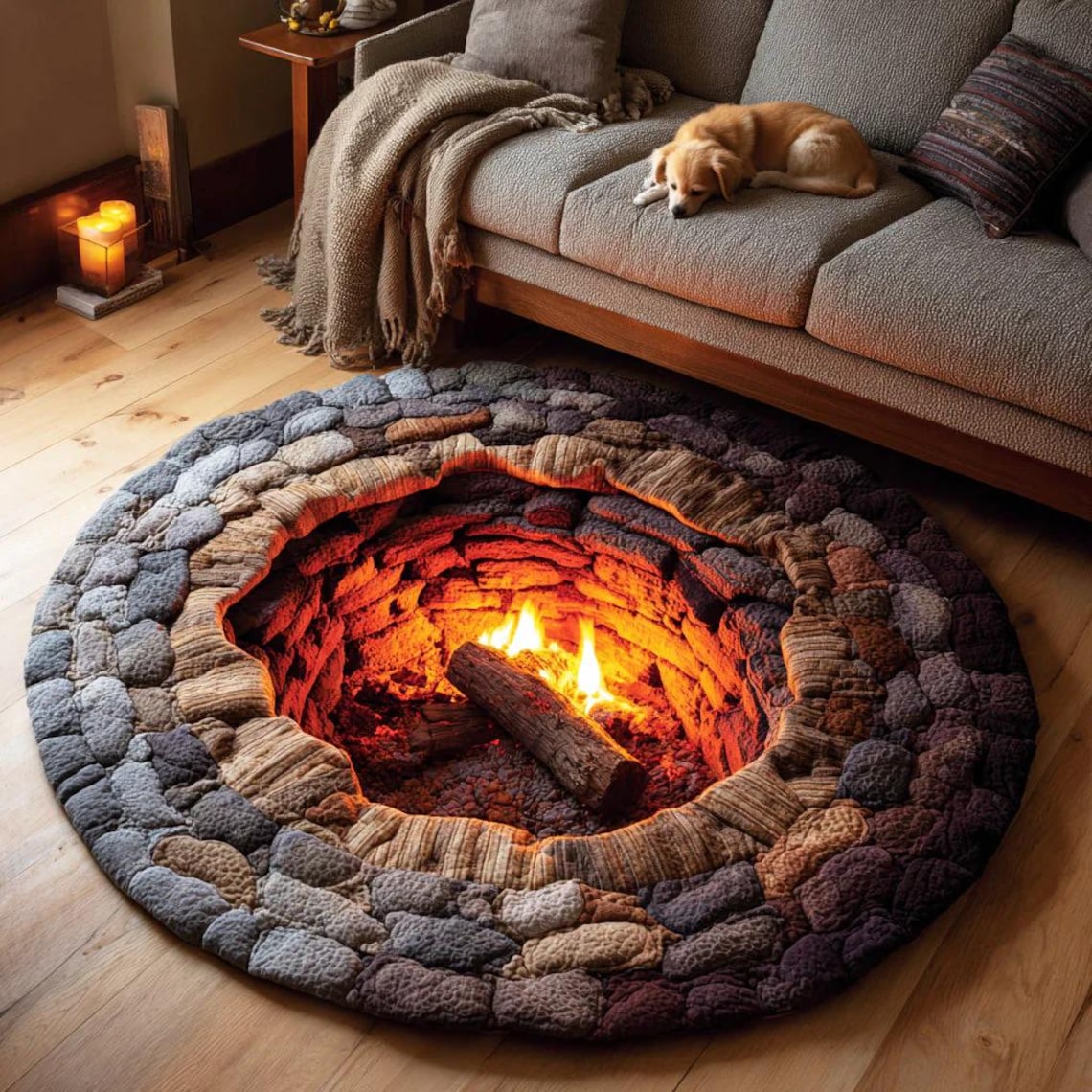 Rustic Fire Pit Illusion Round Rug – 3D Cozy Campfire Design, Cabin ...