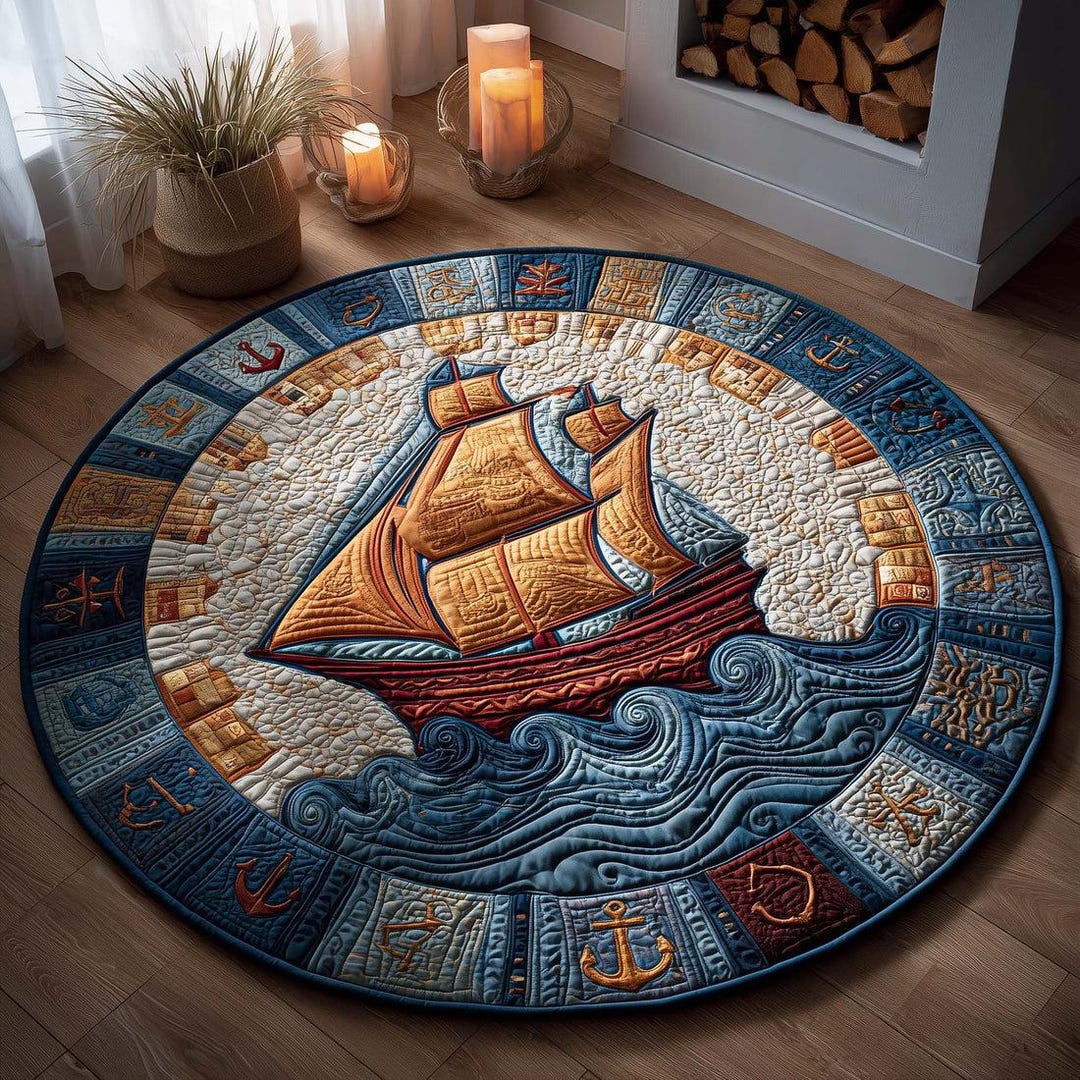 Nautical Sailing Ship Round Mat Printed Flat, Ocean Waves Compass Floor ...
