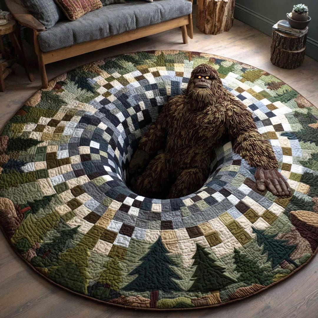 Bigfoot 3D Illusion Quilted Round Mat, Sasquatch Hole Floor Decor ...
