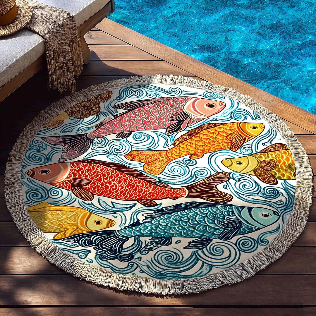 Koi Fish Wave 3D Round Beach Towel, Japanese Koi Circular Rug, Ocean ...