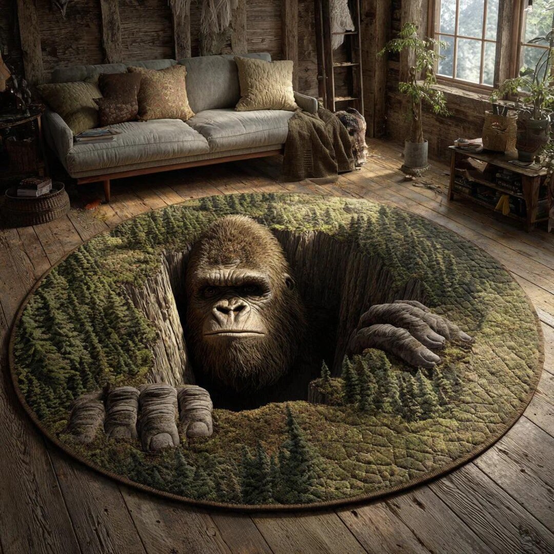 Bigfoot 3D Illusion Round Area Rug, Sasquatch Forest Decor, Mythical ...