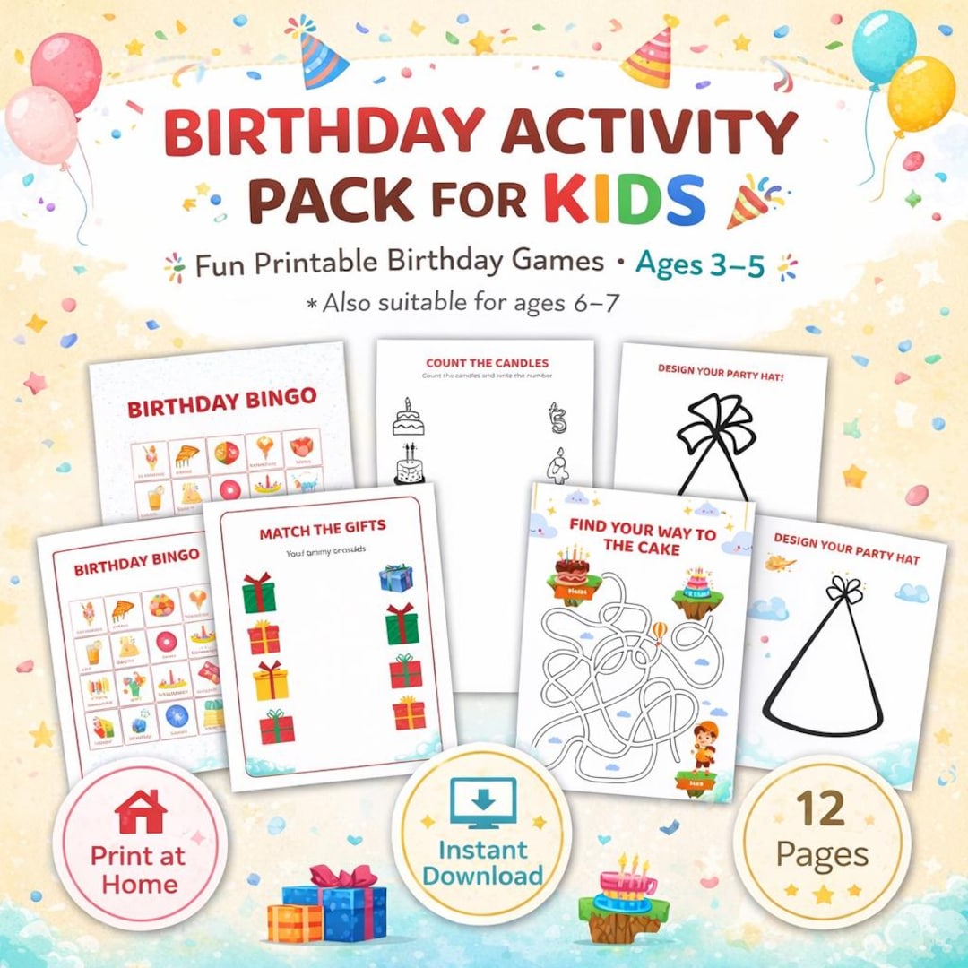 Kids Birthday Activity Pack, Printable Games, Ages 3-7 (instant ...