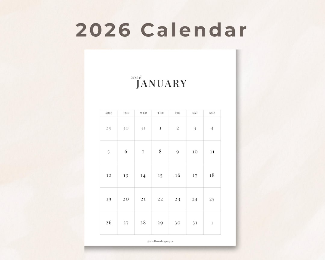 2026 Monthly Calendar Printable PDF, Minimalist Month at a Glance ...