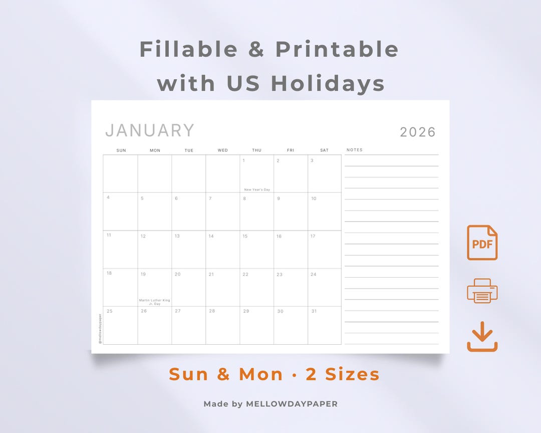 2026 Monthly Calendar Printable, Fillable PDF Planner (holidays, A4 ...