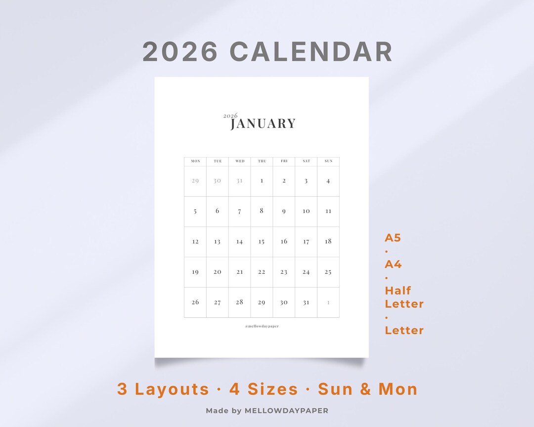 2026 Monthly Calendar Printable, Minimalist Planner (PDF) - Etsy