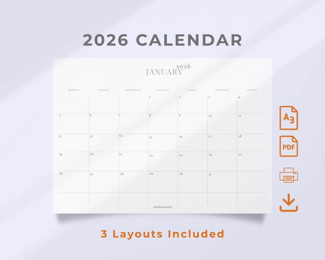 2026 Monthly Calendar Printable: Clean Grid, A3/a4/letter (PDF) - Etsy