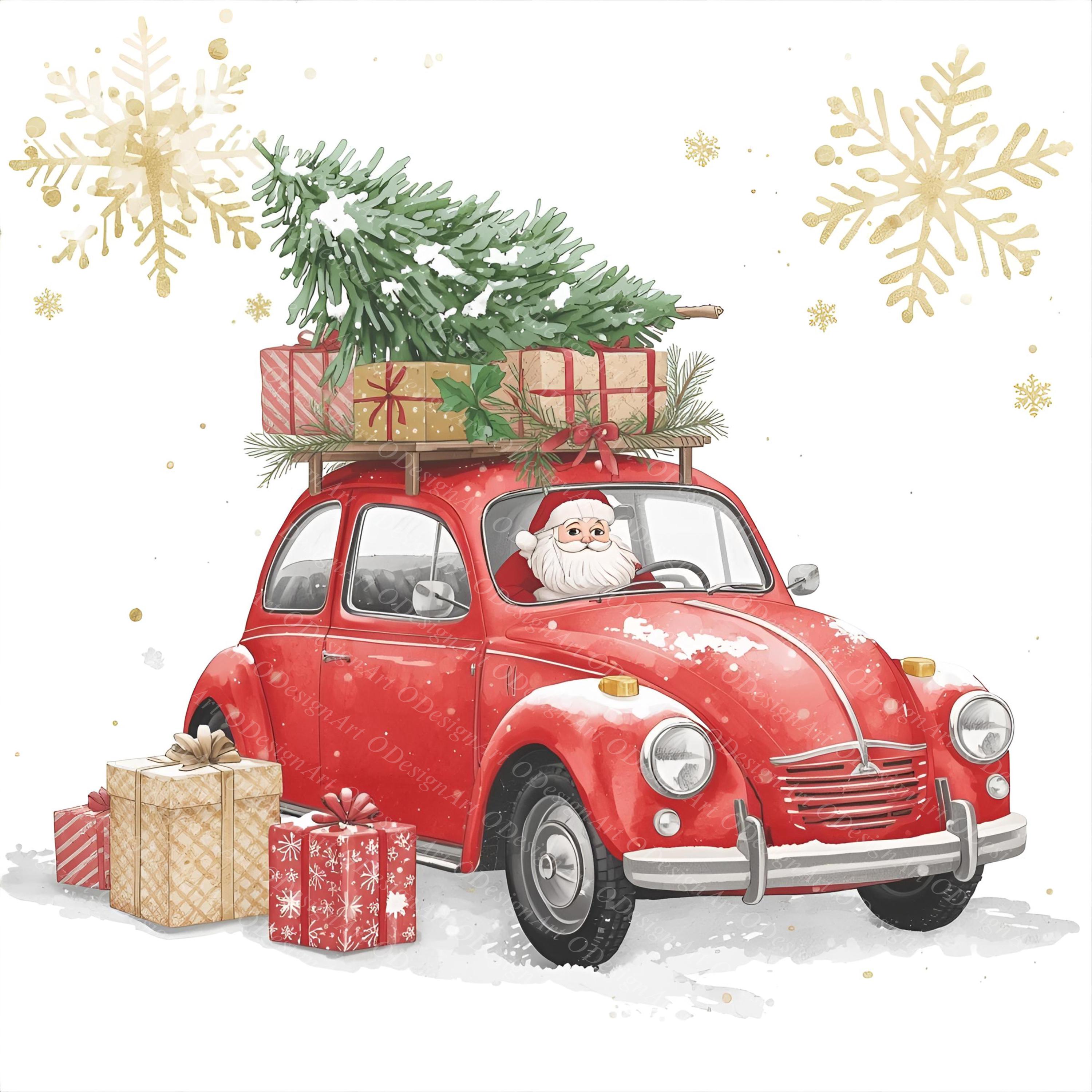 10 Christmas Car Clipart, Watercolor Vintage Holiday Cars With Tree ...