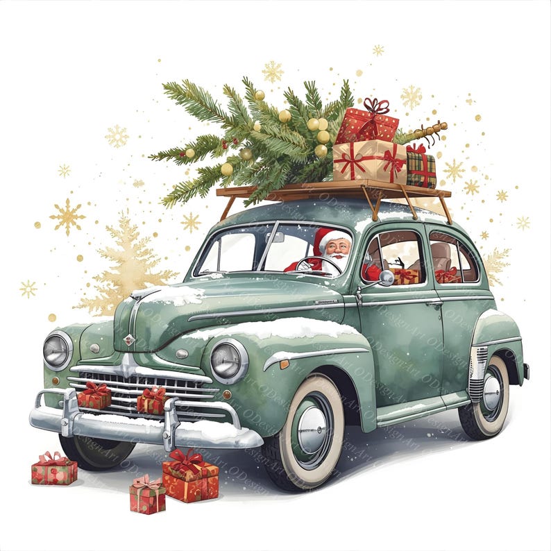 10 Christmas Car Clipart, Watercolor Vintage Holiday Cars With Tree ...