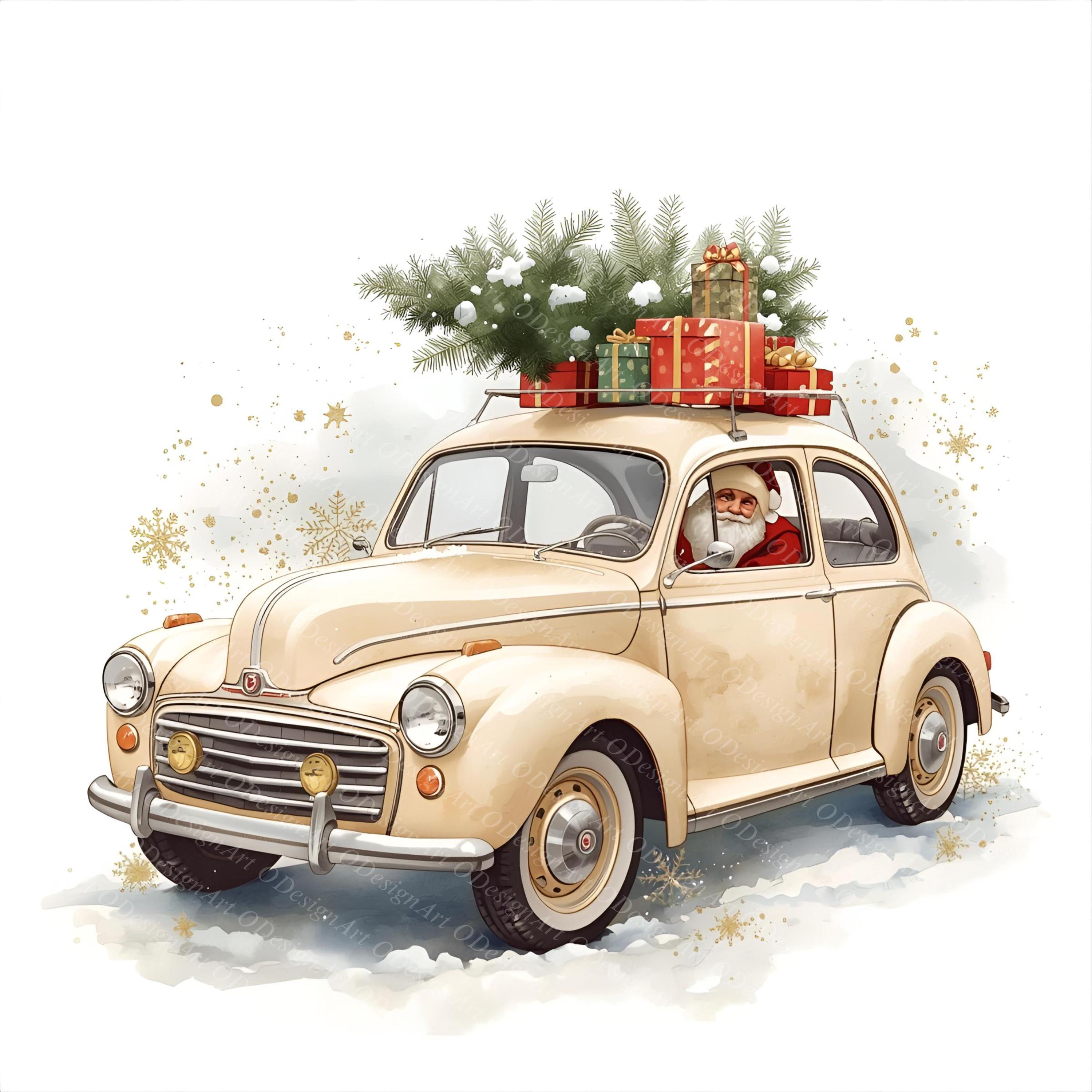 10 Christmas Car Clipart, Watercolor Vintage Holiday Cars With Tree ...