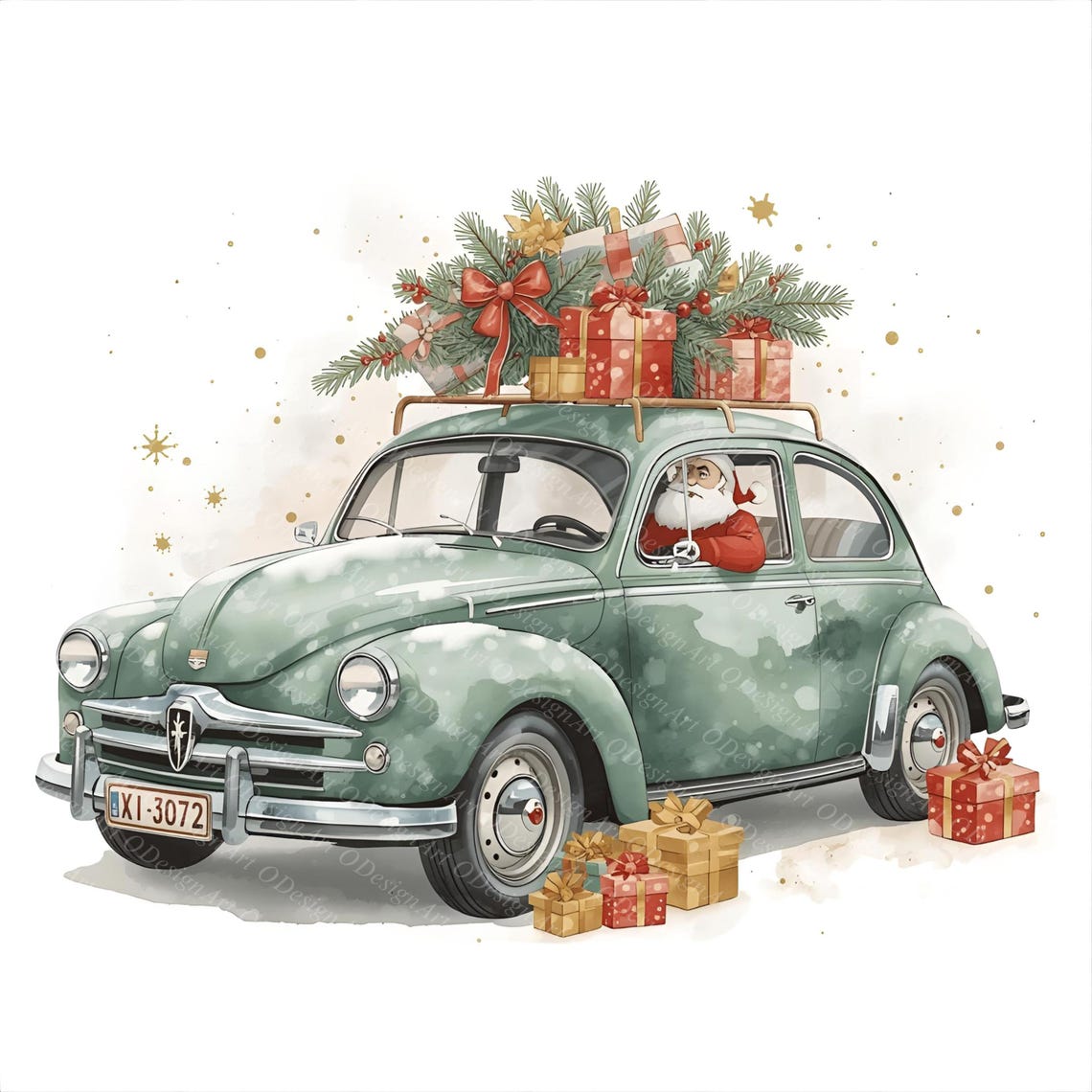 10 Christmas Car Clipart, Watercolor Vintage Holiday Cars With Tree ...