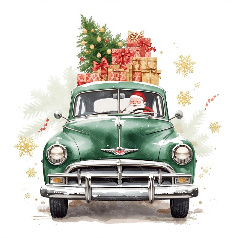 10 Christmas Car Clipart, Watercolor Vintage Holiday Cars With Tree ...